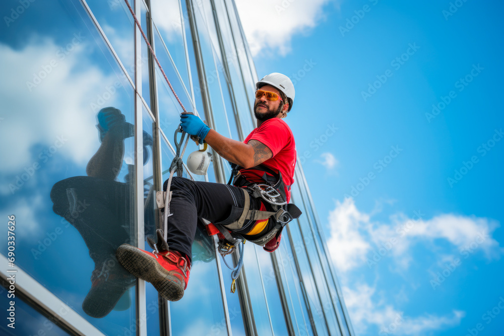 Company for cleaning skyscrapers. Industrial climbers wash windows on ...