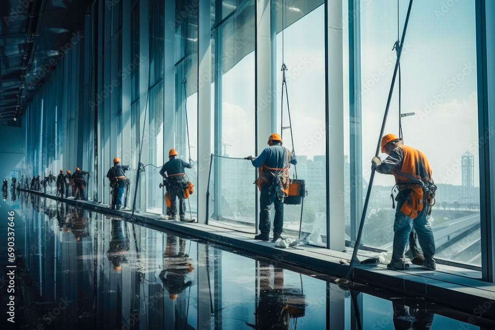 Company for cleaning skyscrapers. Industrial climbers wash windows on ...
