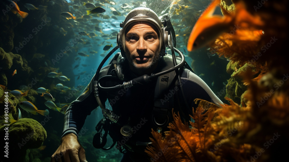 Professional Diver: A man descending into the depths of the ocean ...