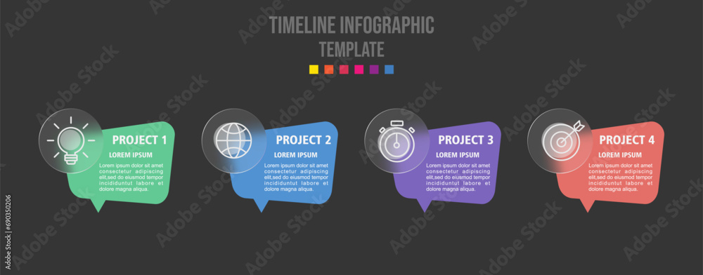 Business Timeline Chart Template Infographic 4 Steps Glass Morphism Effect Vector Infographic