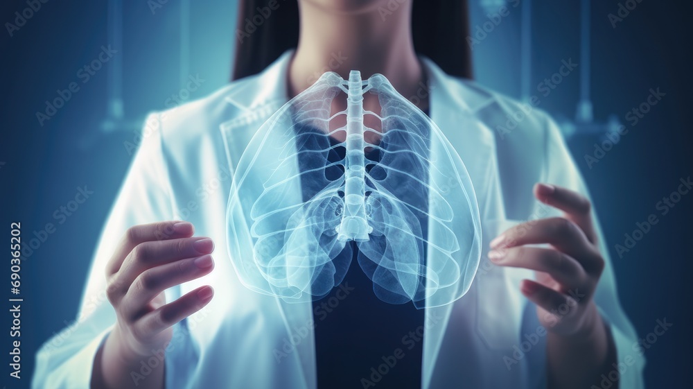 lung radiography, with a radiology doctor examining a chest X-ray film ...