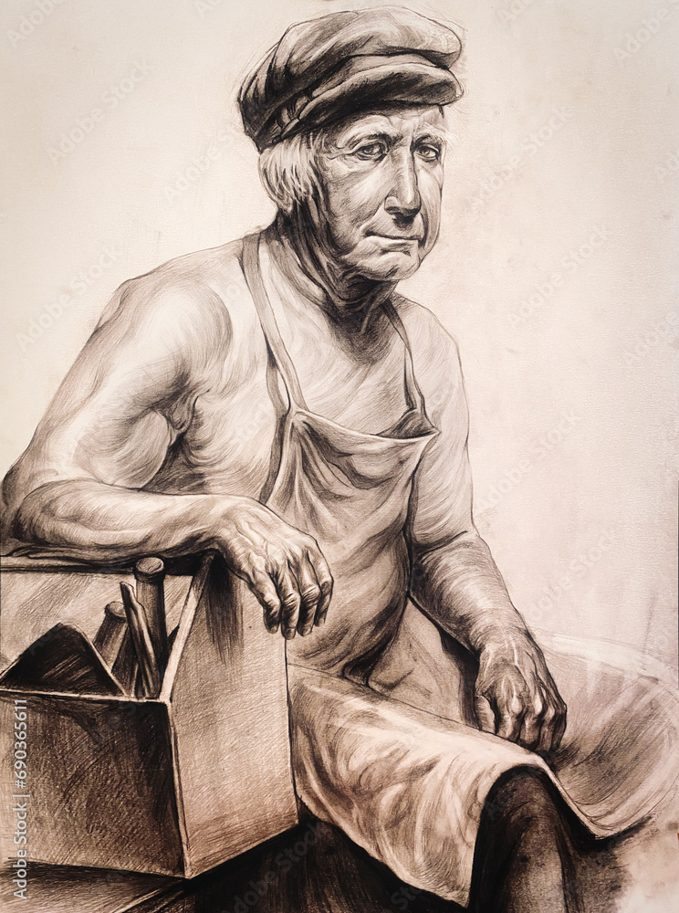 Pencil drawing of an old man in a hat sitting on a chair. The old man ...