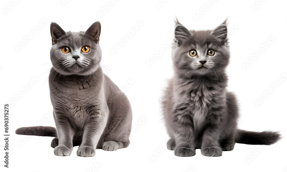 Set of Cute Grey Cat: A Sitting Kitten and Adult Collection, Isolated ...