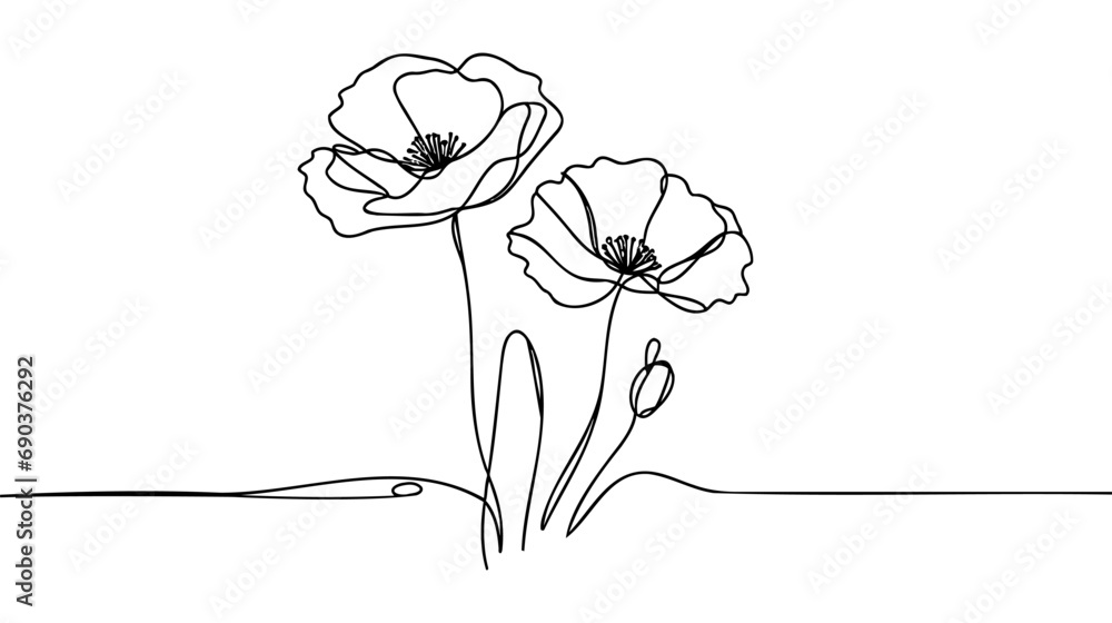 Poppy flowers in continuous line art drawing style. Doodle floral ...