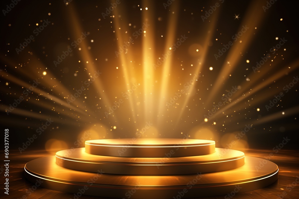 Round cylinder platform gold podium on dark background with smoke ...