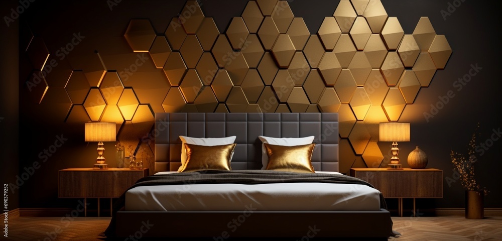Warm up your cozy bedroom with radiant golden hexagonal wallpaper ...