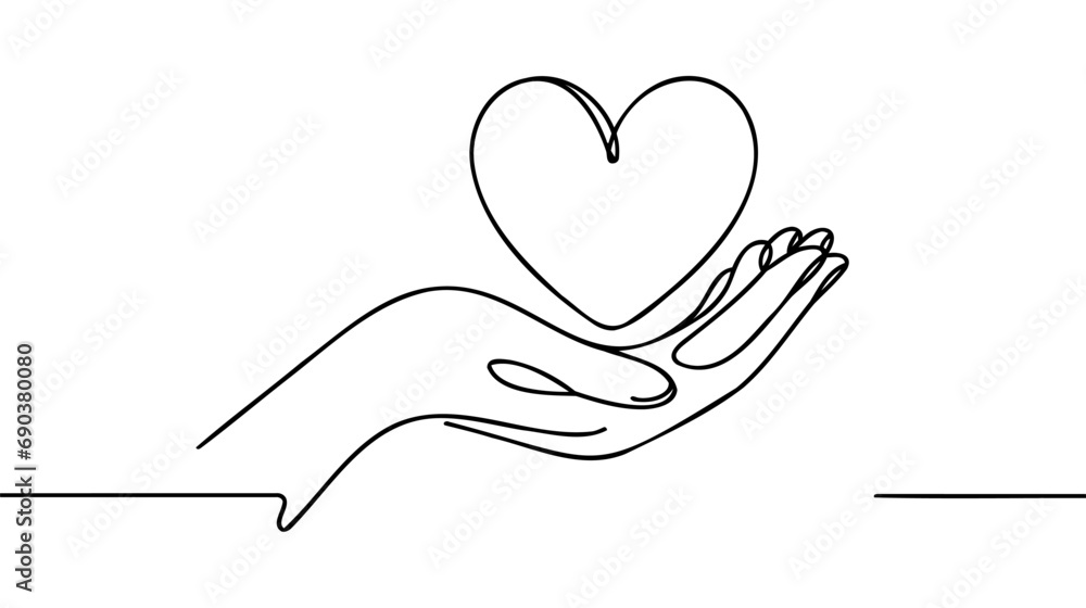 Continuous one line drawing hand holding heart. Charity donation linear ...
