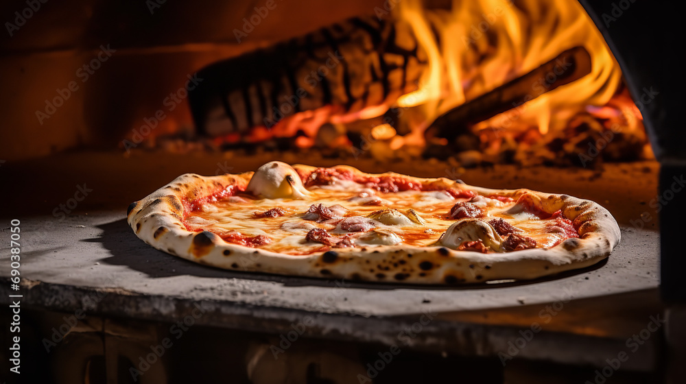Pizza being pulled out of a wood-fired oven with bubbling cheese and ...