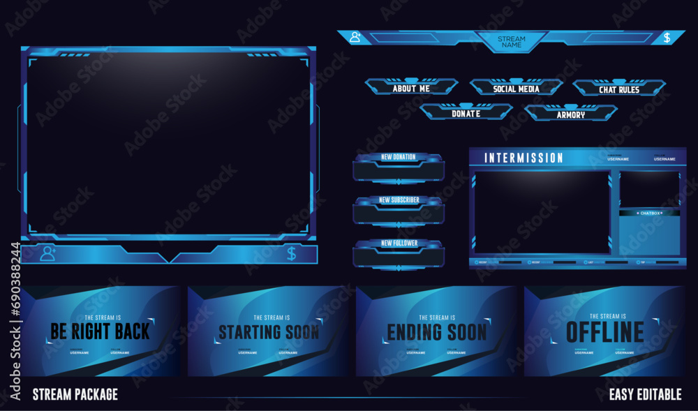 Modern Abstract Blue twitch overlay stream facecam, panel and panel set ...