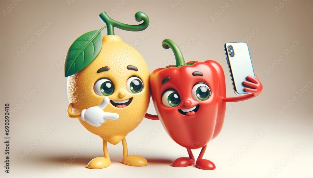 Animated fruit lemon and red bell pepper characters with joyful ...