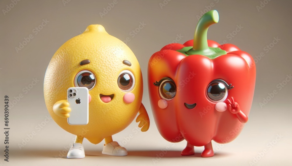 Animated fruit lemon and red bell pepper characters with joyful ...