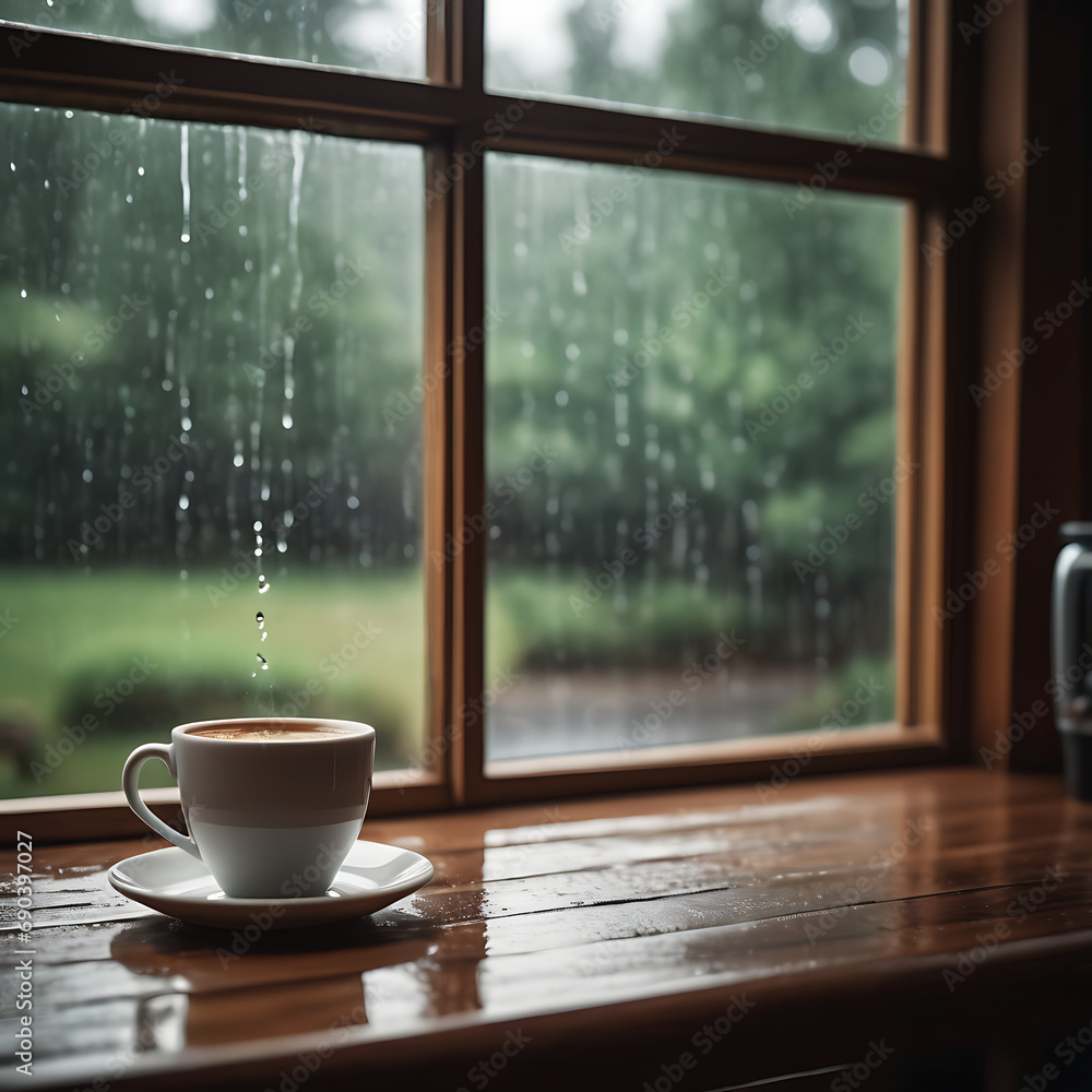 Rain pours in through an open window, providing a view of nature, while ...