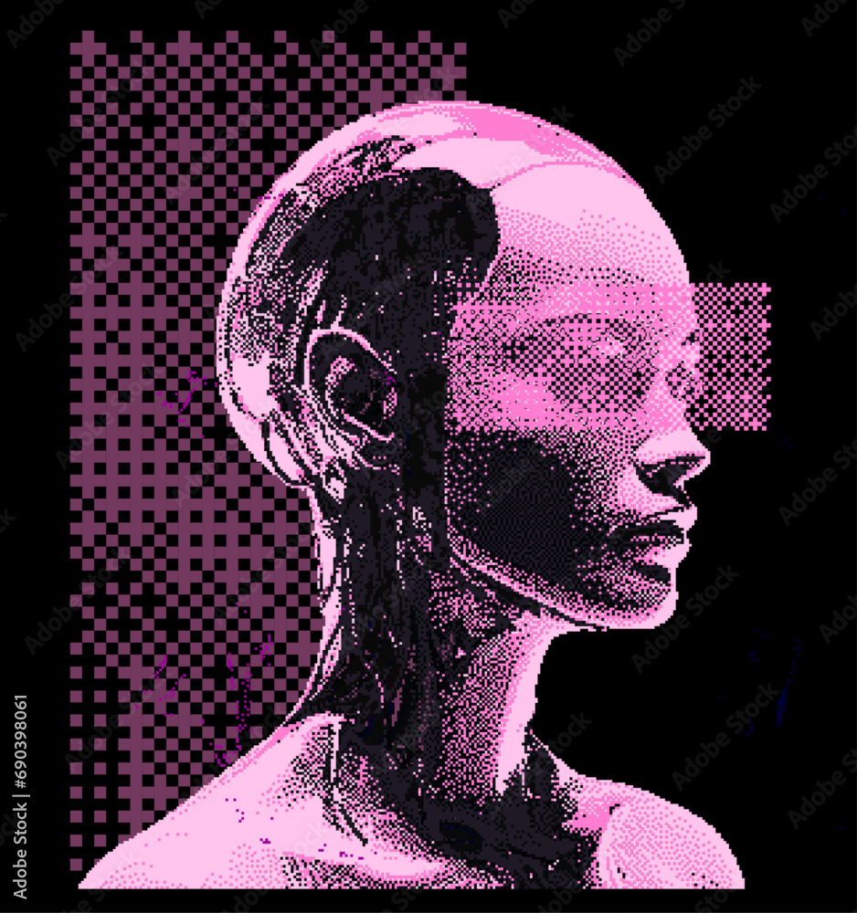 Pixel art of an artificial robotic humanoid head with wires coming from ...