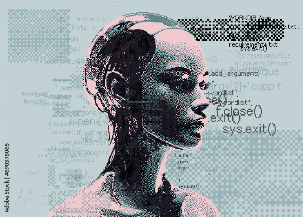 Pixel art of an artificial robotic humanoid head with wires coming from ...