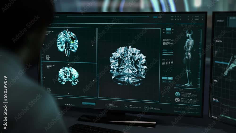 Advanced CT scanner is analyzing patients brain structure. Analysis of ...