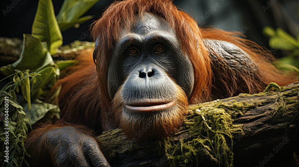 orang utan old animal rests in the tropical rainforest. generative ai ...