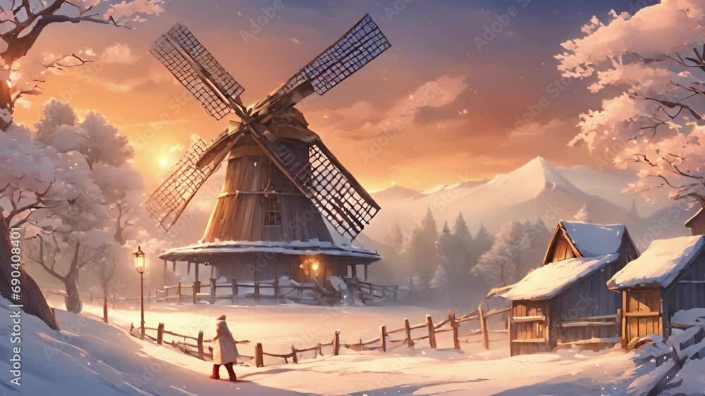 snow gently falls ground, wooden windmill stands strong resilient ...