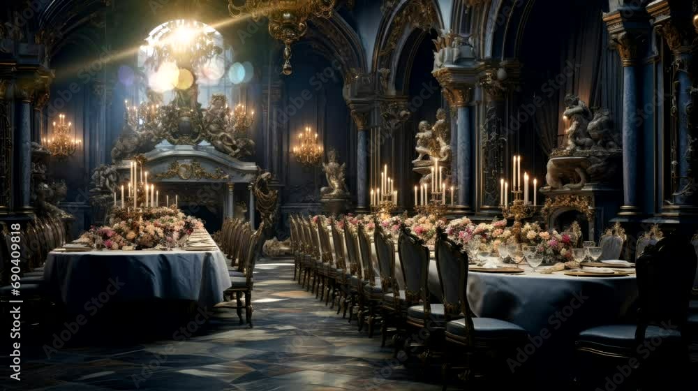 Luxury classic dining table room interior on castle or palace with ...