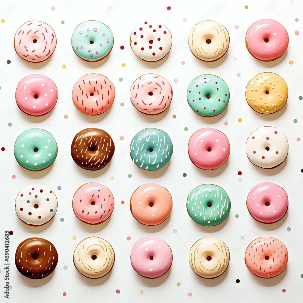 Cartoon pattern of donuts in glaze on a white background. Donuts ...