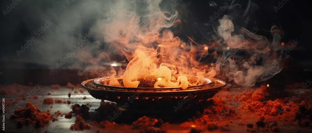 Mysterious burning incense bowl with smoke on dark background, offering ...