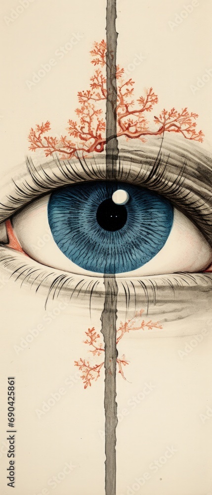 Traditional Asian art, Japanese ink picturing an human eye with ...
