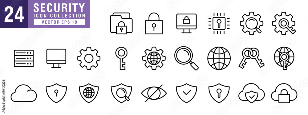 Vector of cyber security icon set, protection, lock, key, shield, internet, network, password ...