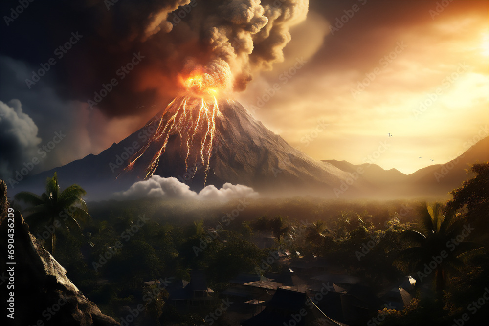 Volcano erupts at misty morning or sunset, volcanic ash shoots up into ...