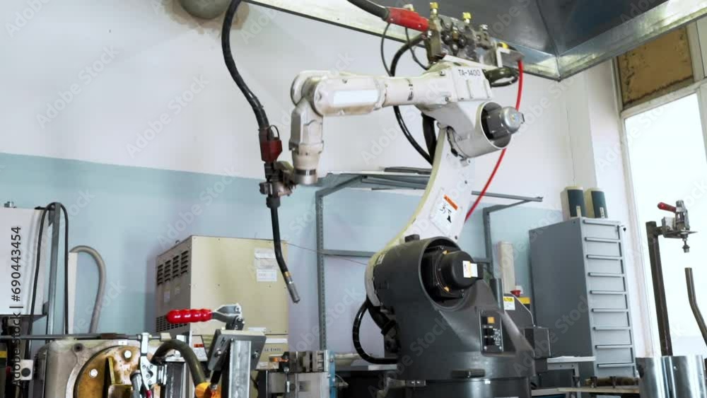 A robotic welding machine arm is operating at the production facility ...