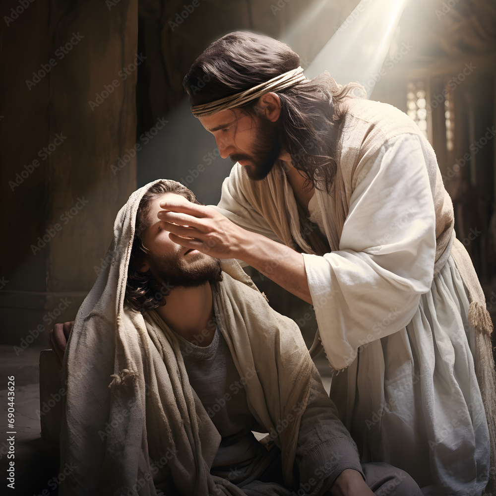 Jesus Christ healing a blind man. A Biblical miracle. Stock Photo ...