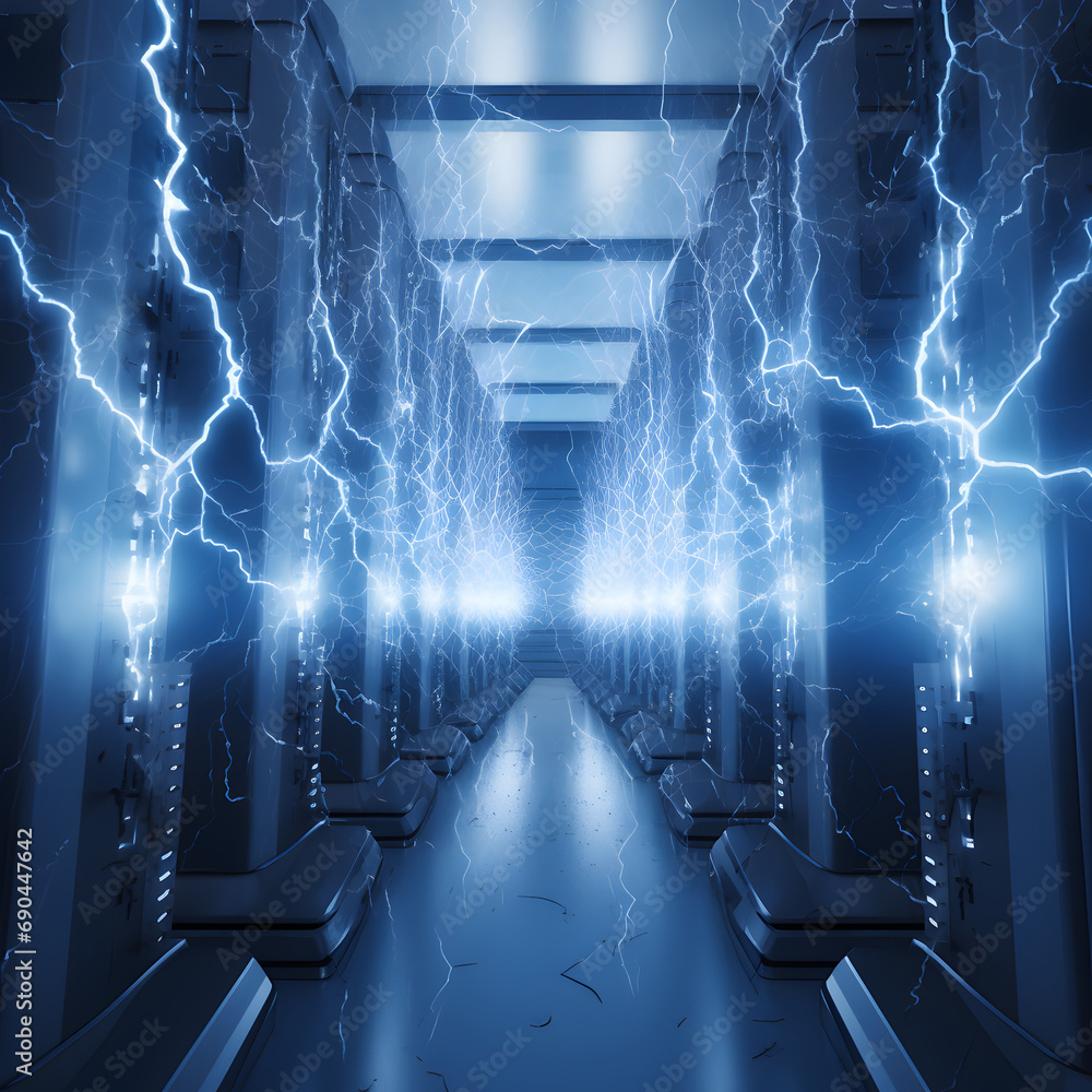 Data center server room corridor with electricity flowing through the ...