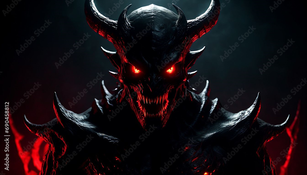 Ominous dark demon with glowing red eyes and sharp fangs Stock Photo ...