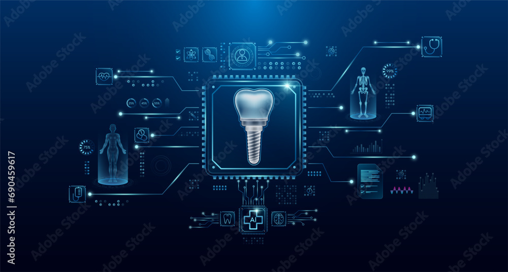 Dental implant organ human in microchip processor circuit board. HUD ...