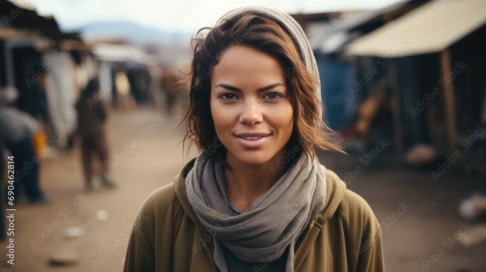 Woman is wearing displaced persons simple clothing against shelter in a ...