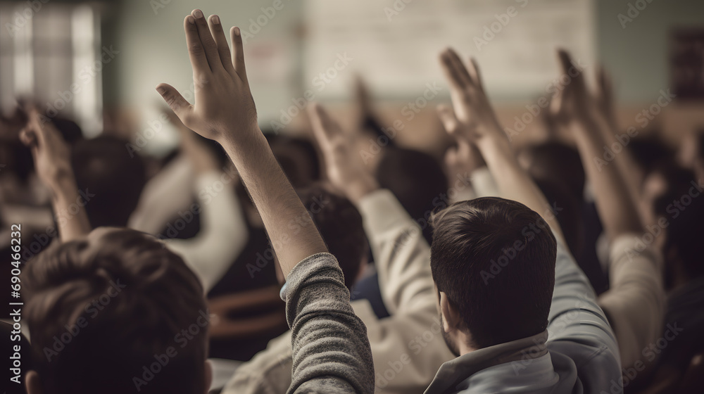 Students raise their hands to answer the teacher's questions in the ...