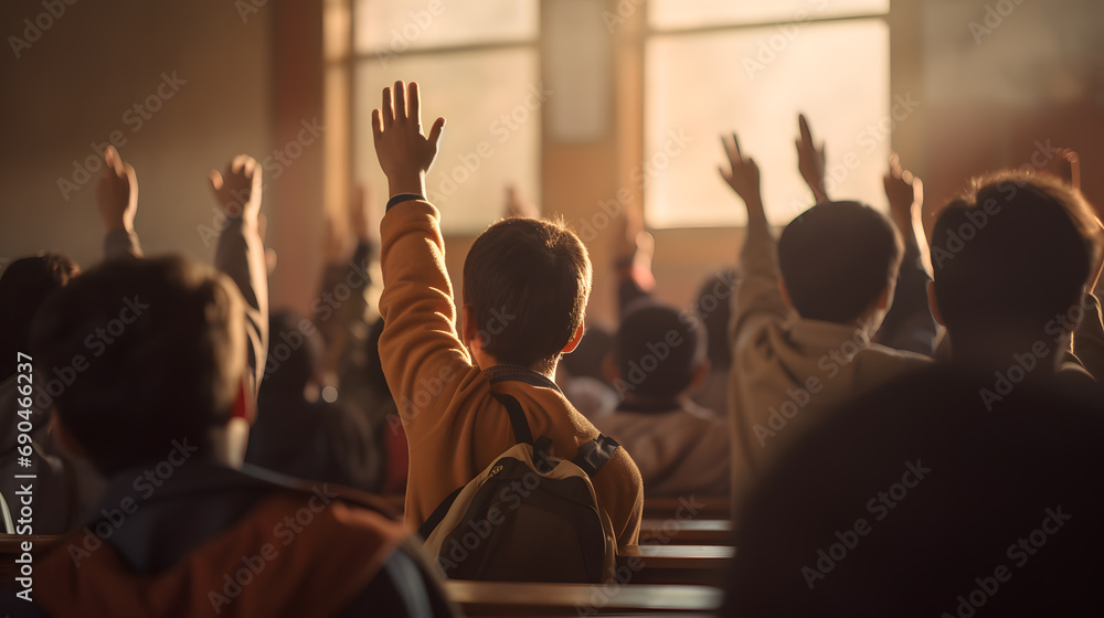 Students raise their hands to answer the teacher's questions in the ...
