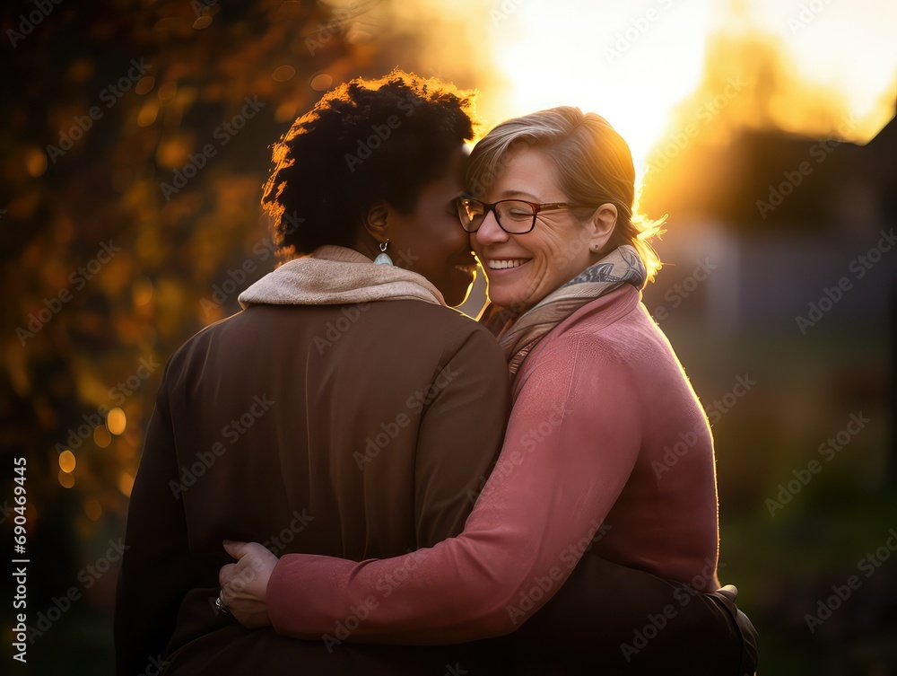 defocused two women of diverse ages and backgrounds, linking arms in ...