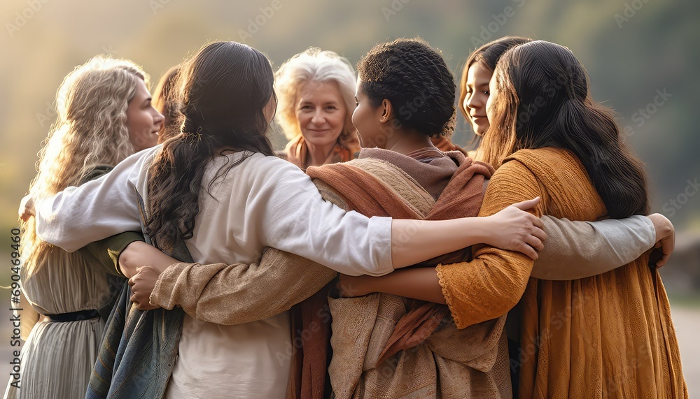 group of women of diverse ages and backgrounds, linking arms in ...