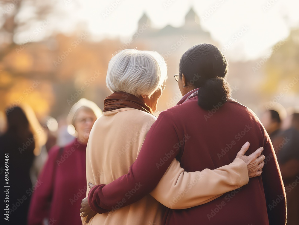 two women of diverse ages and backgrounds, linking arms in solidarity ...