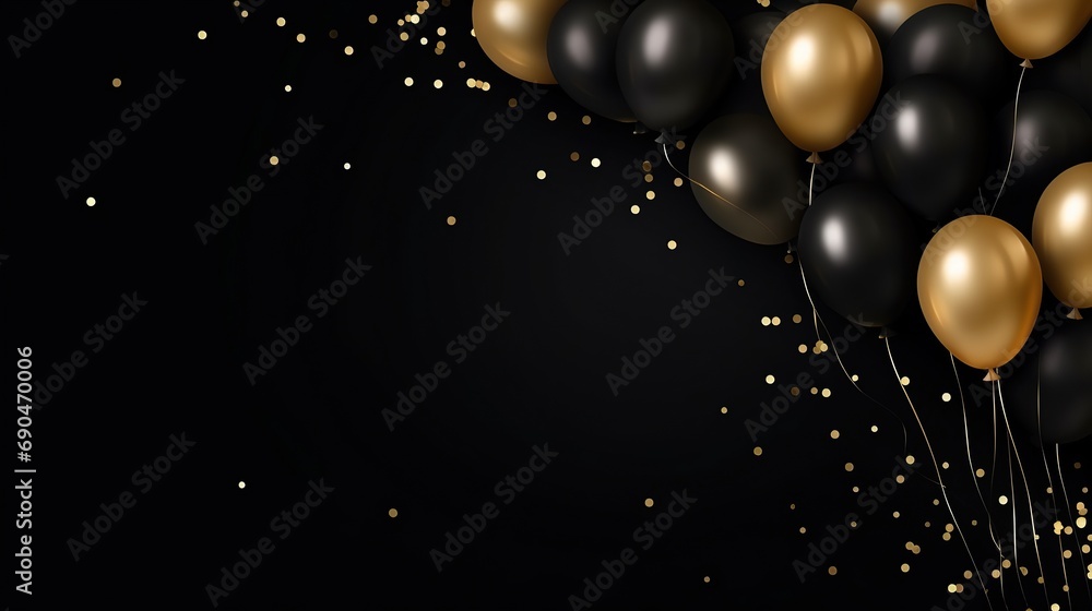 gold Balloon decoration in black background. Concept of birthday ...