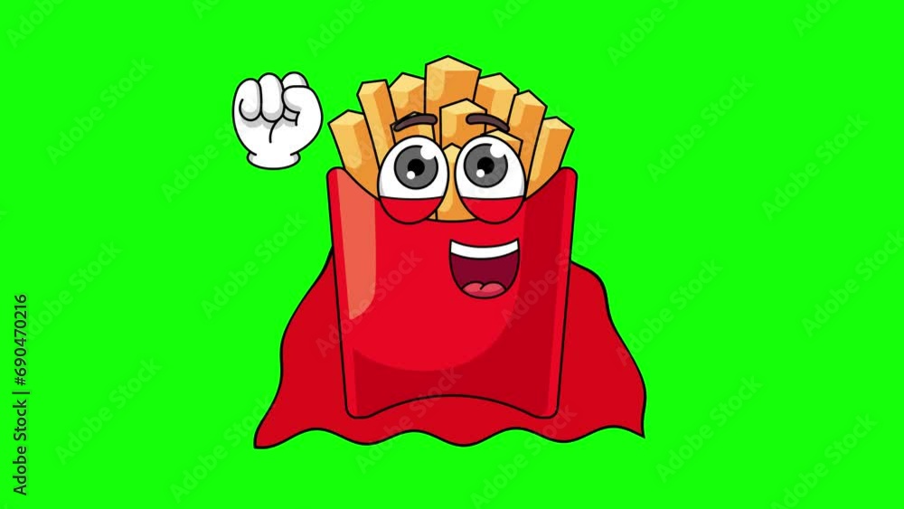 Superhero french fries cartoon flying with red cape, green screen ...