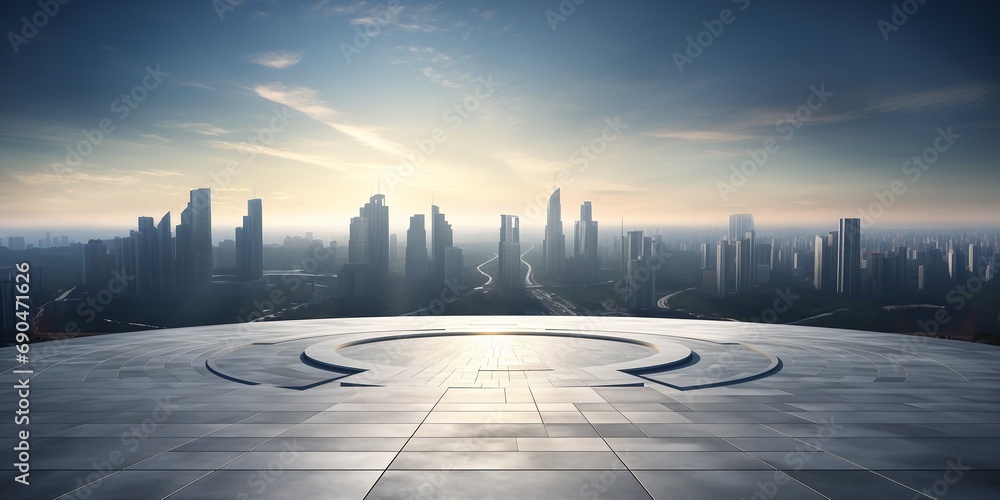circular walkway front city skyline promotional totalitarian setting ...
