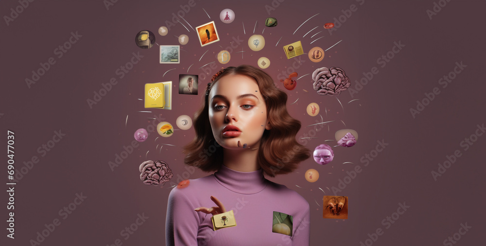 woman listening to music, A open forehead with an unhealthy brain ...