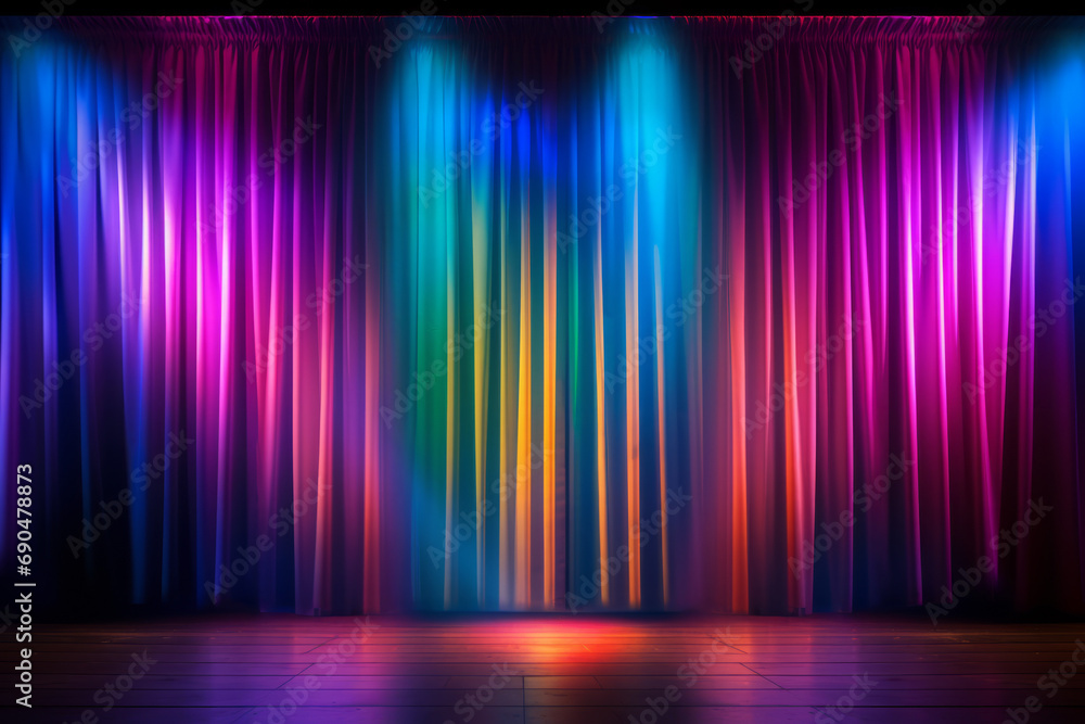 Neon light stage curtains, downstage and main valance of theatre Stock ...