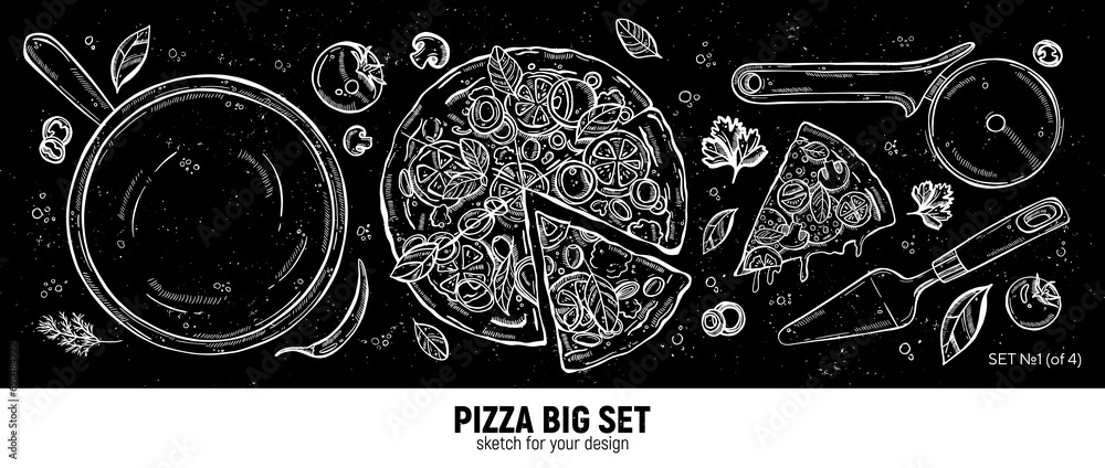 Pizza set, mozzarella, pepperoni slice, pizza spatula, roller blade ...