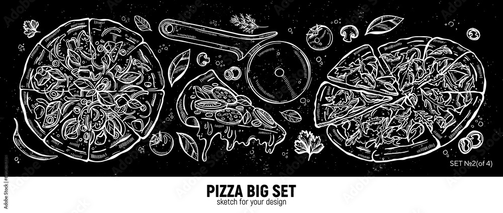Pizza set, mozzarella, roast beef and arugula pizza, pepperoni slice ...