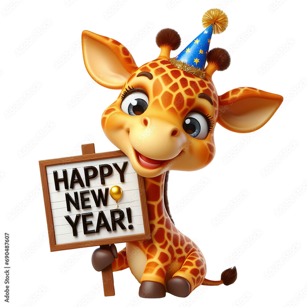Cute Animal 3D Giraffe Holding 'Happy New Year' Board and Wearing Party ...