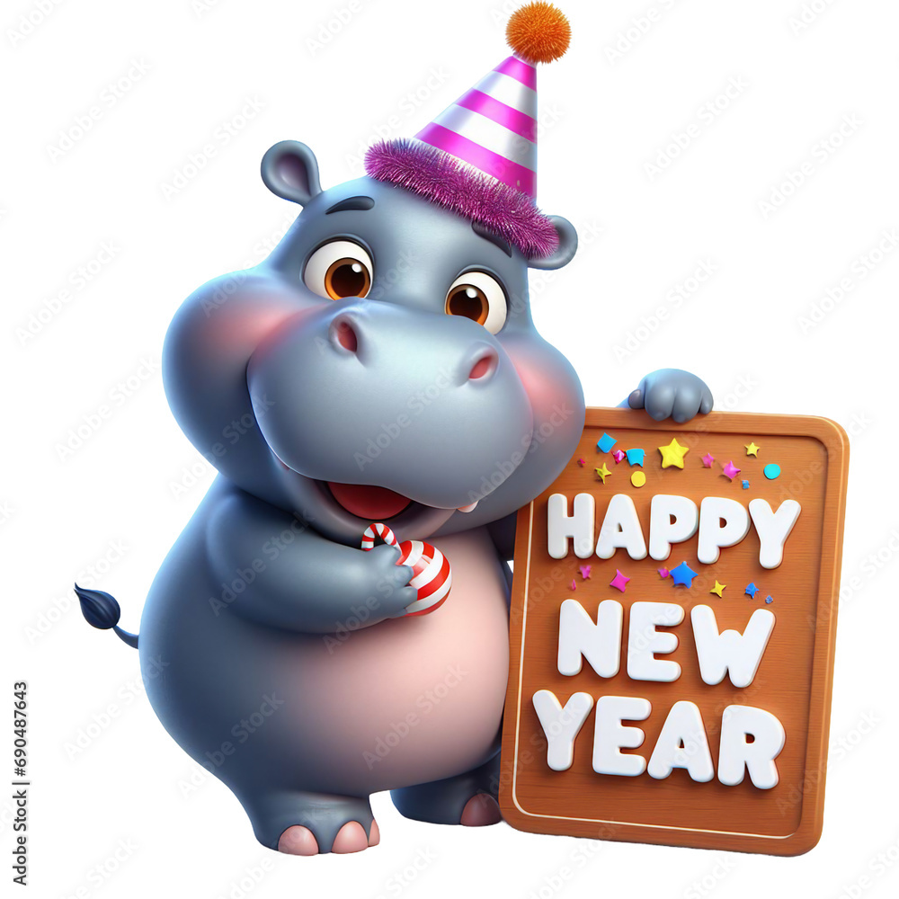 Cute Animal 3D Hippo Holding 'Happy New Year' Board and Wearing Party ...