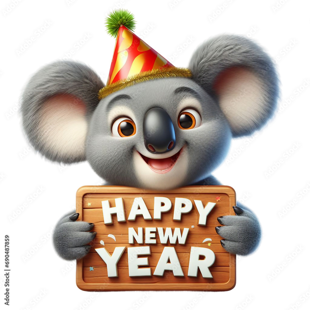Cute Animal 3D Koala Holding 'Happy New Year' Board and Wearing Party ...