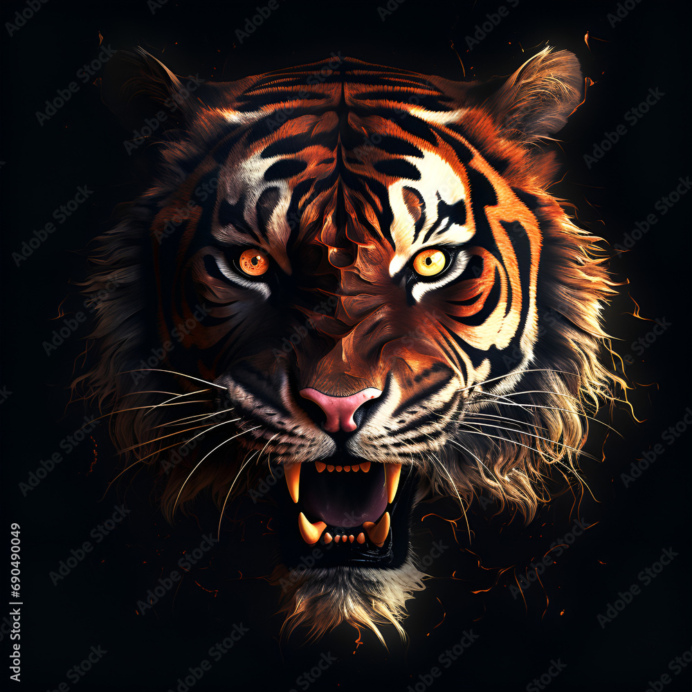 Tiger Fire Energy, tiger head vector illustration, A tiger with its mouth open showing its teeth ...