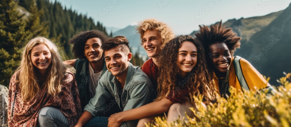 Outdoor bonding among a diverse group of friends in nature, embracing ...